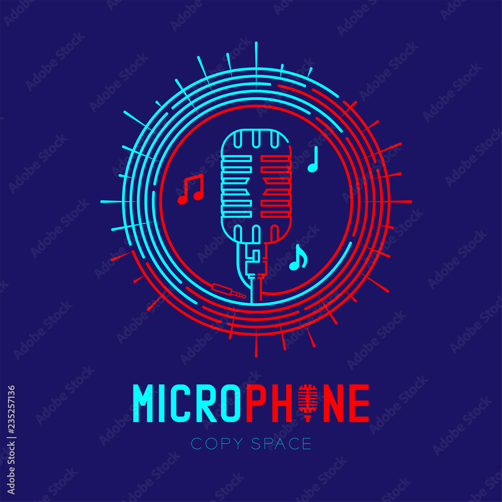 Retro Microphone logo icon outline stroke with music note in staff ...