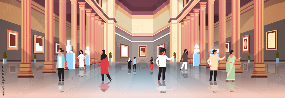 tourists visitors in classic historic museum art gallery hall with ...