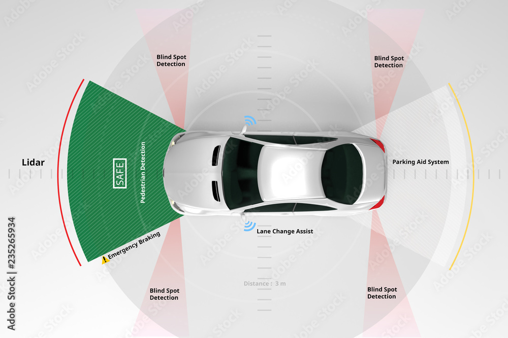 Autonomous self-driving electric car showing Lidar and Safety sensors ...