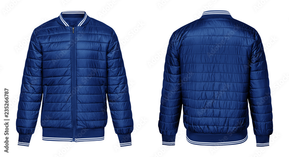 Blank template blue jacket bomber with white stripe, front and back ...
