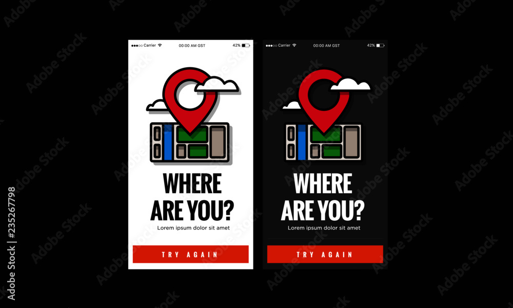 Where Are You Page Design with Location Pin and Map for Phone App or ...