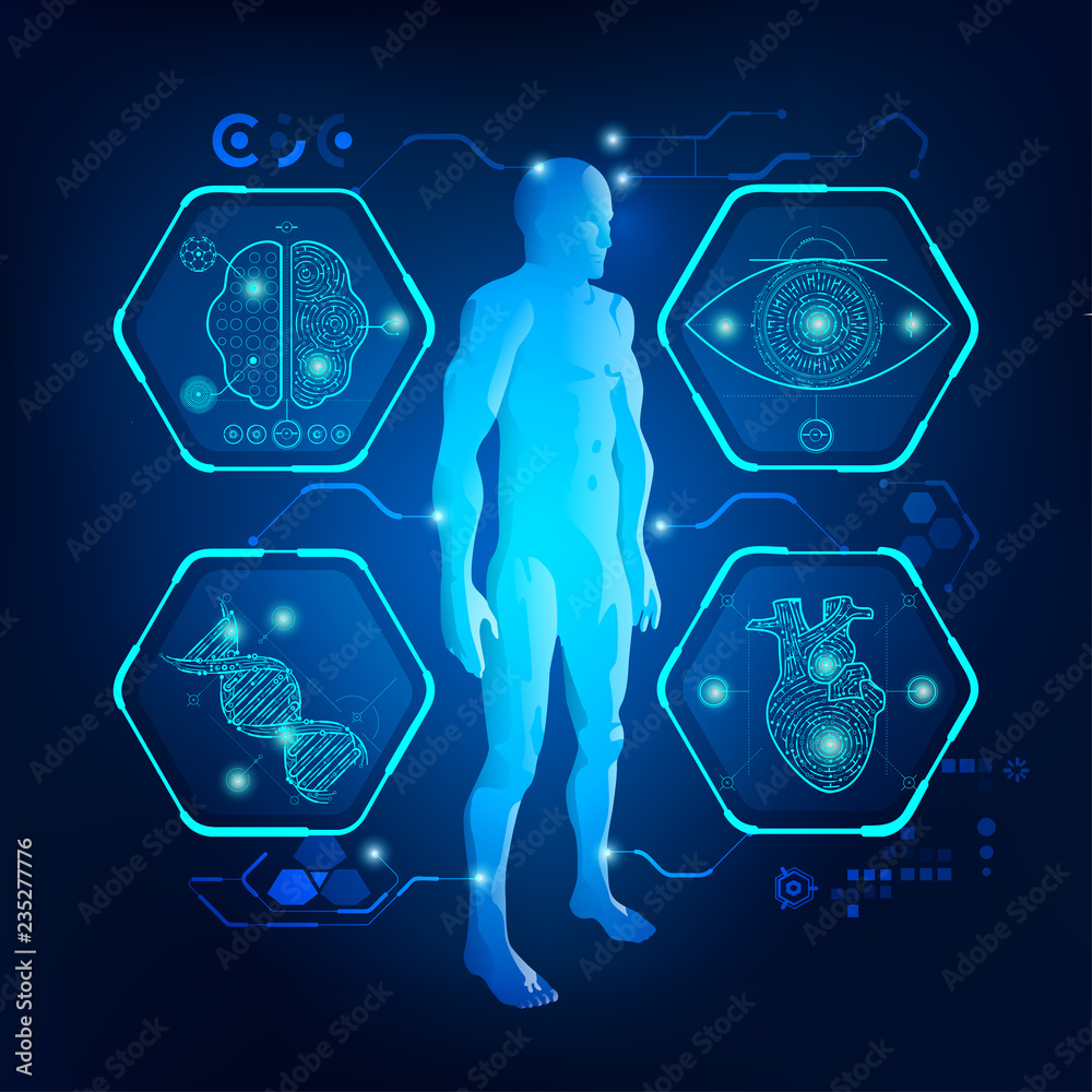 abstract technological health care; digital blueprint of human; 3D body ...