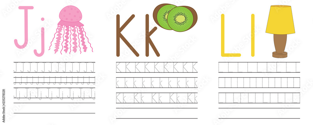 Writing practice of letters J,K,L. Education for children. Vector ...