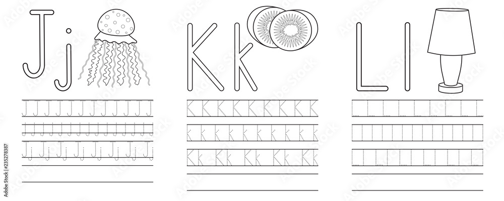 Writing practice of letters J,K,L. Coloring book. Education for ...