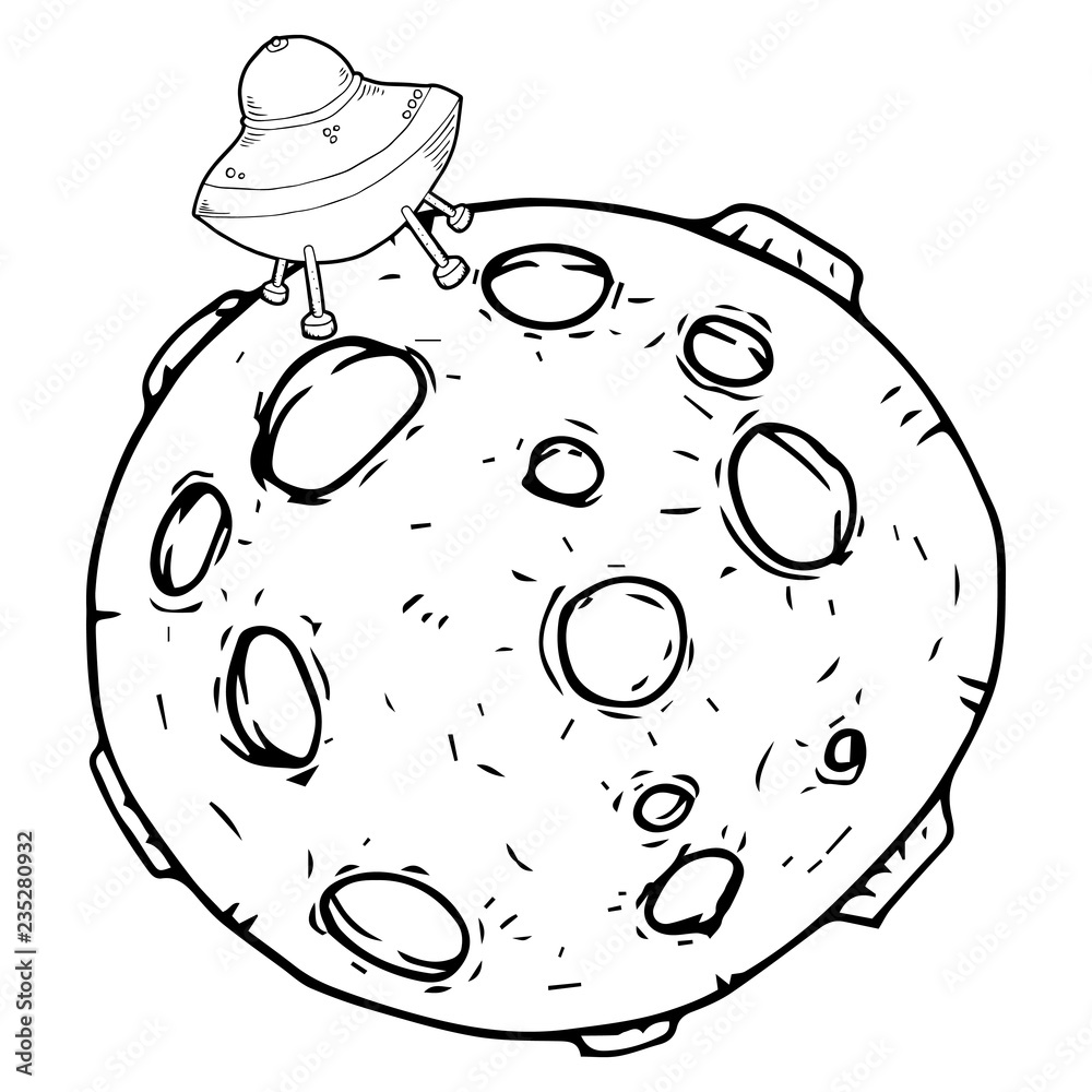 UFO on the planet. Vector of a UFO crash in space. Hand drawn cartoon ...