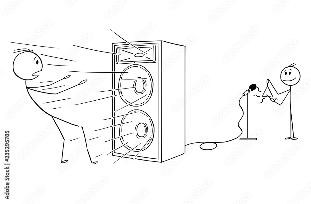 Cartoon stick drawing conceptual illustration of man blow away by loud ...