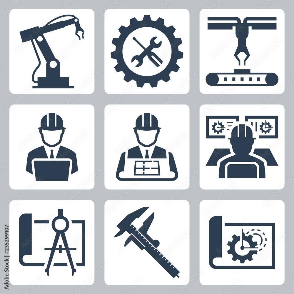 Engineering and manufacturing vector icon set Stock Vector | Adobe Stock