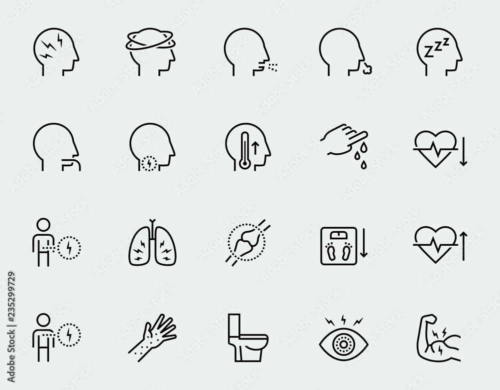 Illness symptoms vector icon set in thin line style Stock Vector ...