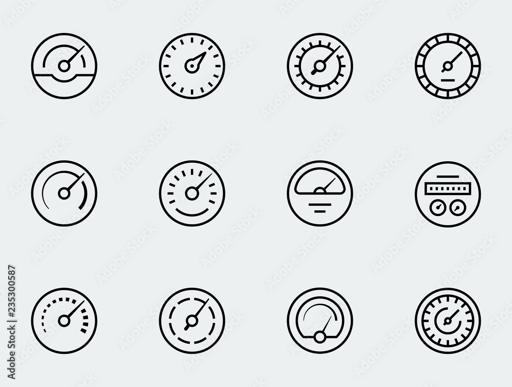 Meter icon set in thin line style. Symbols of speedometers, manometers ...