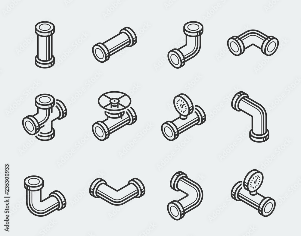 Isometric pipes, fittings, valve and meters vector icon set in thin ...