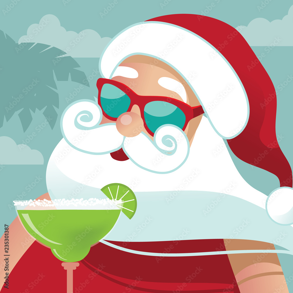 A Cartoon Santa Claus enjoying a margarita in the tropics. For ...