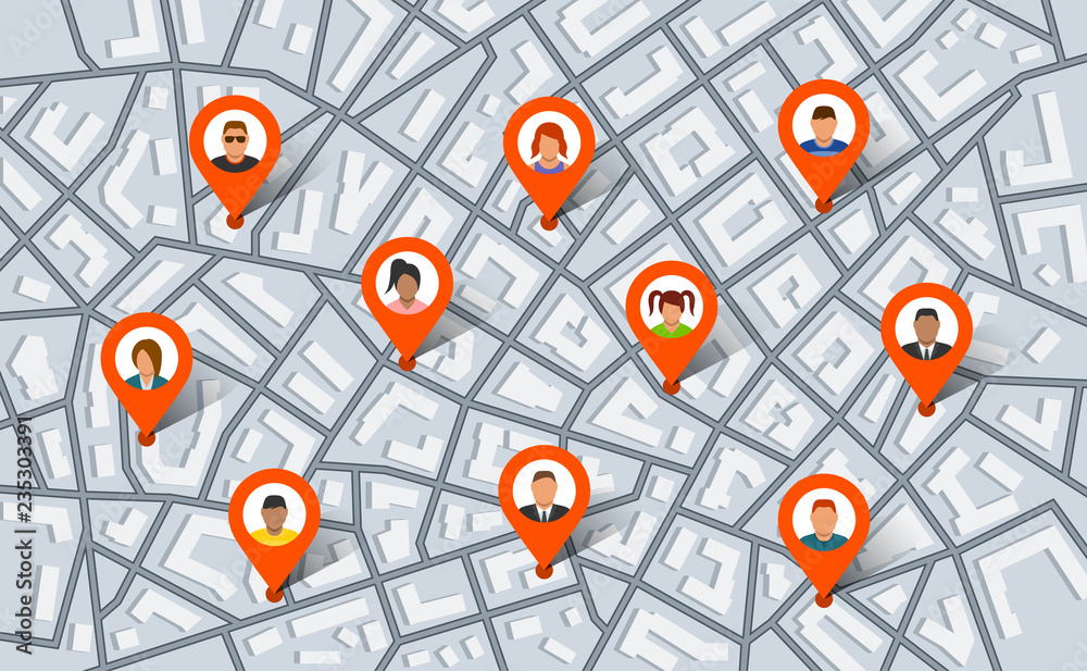 Pointer pins on city map with people. Vector illustration in flat style ...