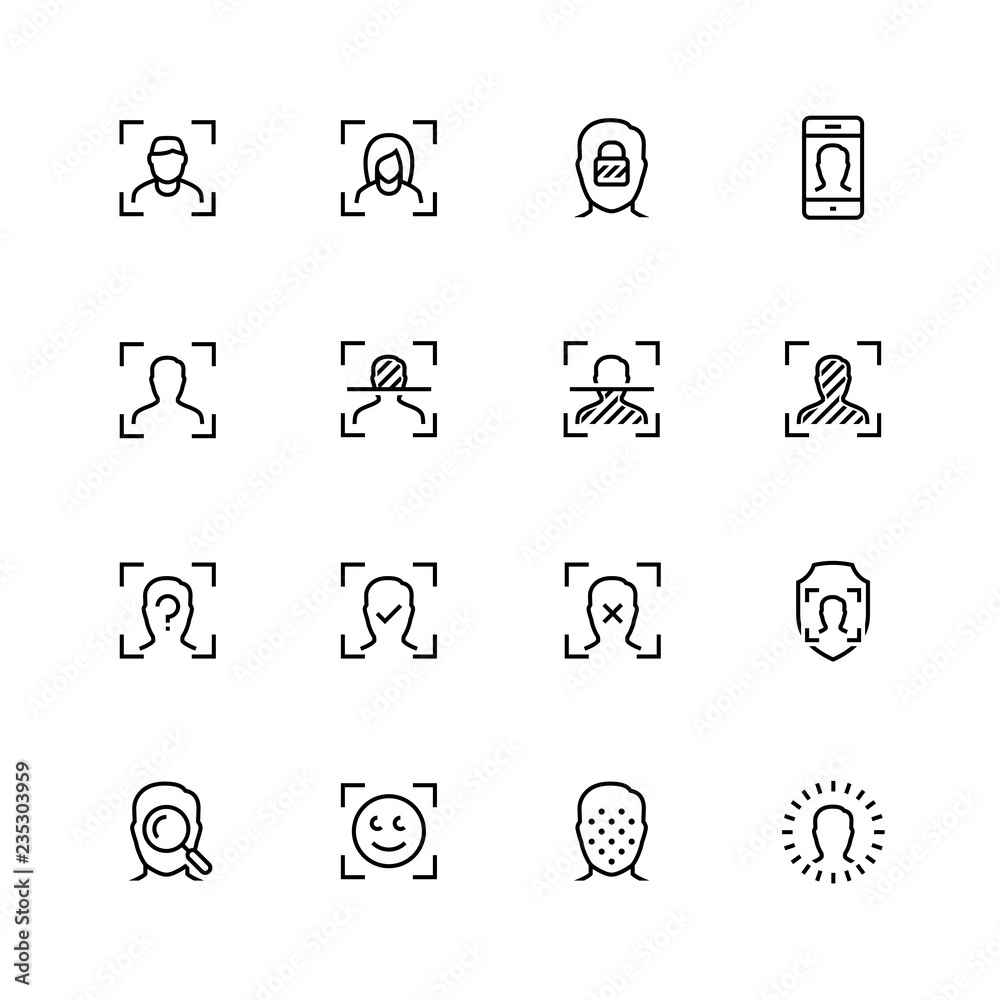 Face scanning and recognition vector icon set in outline style Stock ...