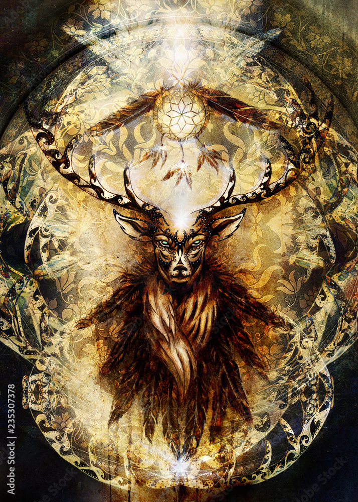 sacred deer spirit with dream catcher and feathers on ancient ...