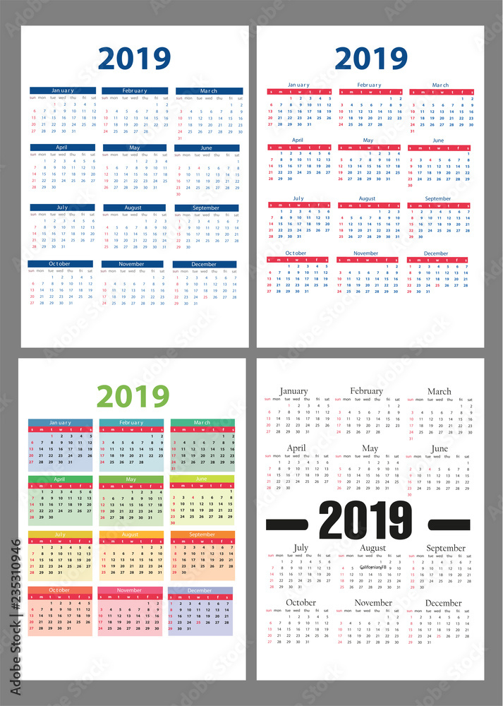 Calendar 2019. Colorful set. Week starts on Sunday. Basic grid. English ...