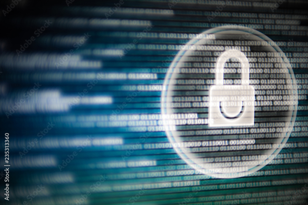 cyber security. white light padlock icon on led computer screen monitor display. blue and green ...