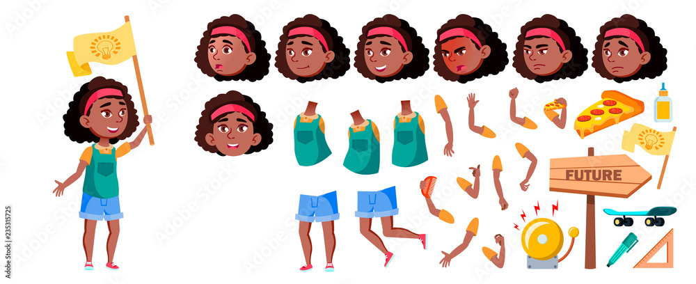 Black Afro American Girl Vector. Animation Creation Set. Face Emotions ...