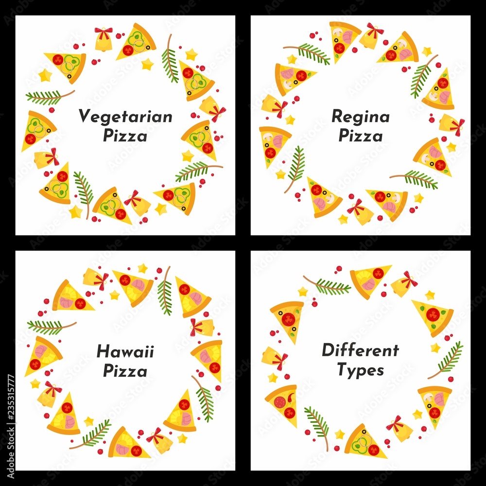Set of round frame. Different types of pizza. Background for ...