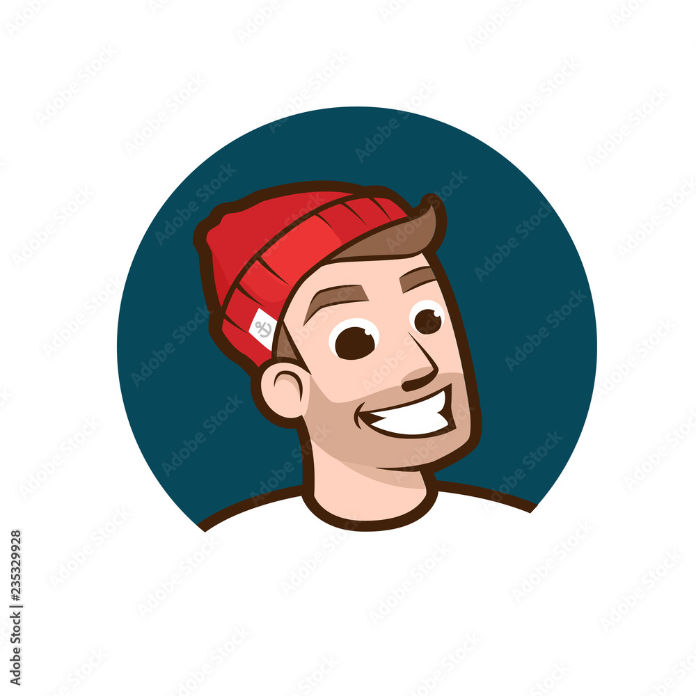 Sea man in red hat smiling Flat Vector Illustration, Character man face ...