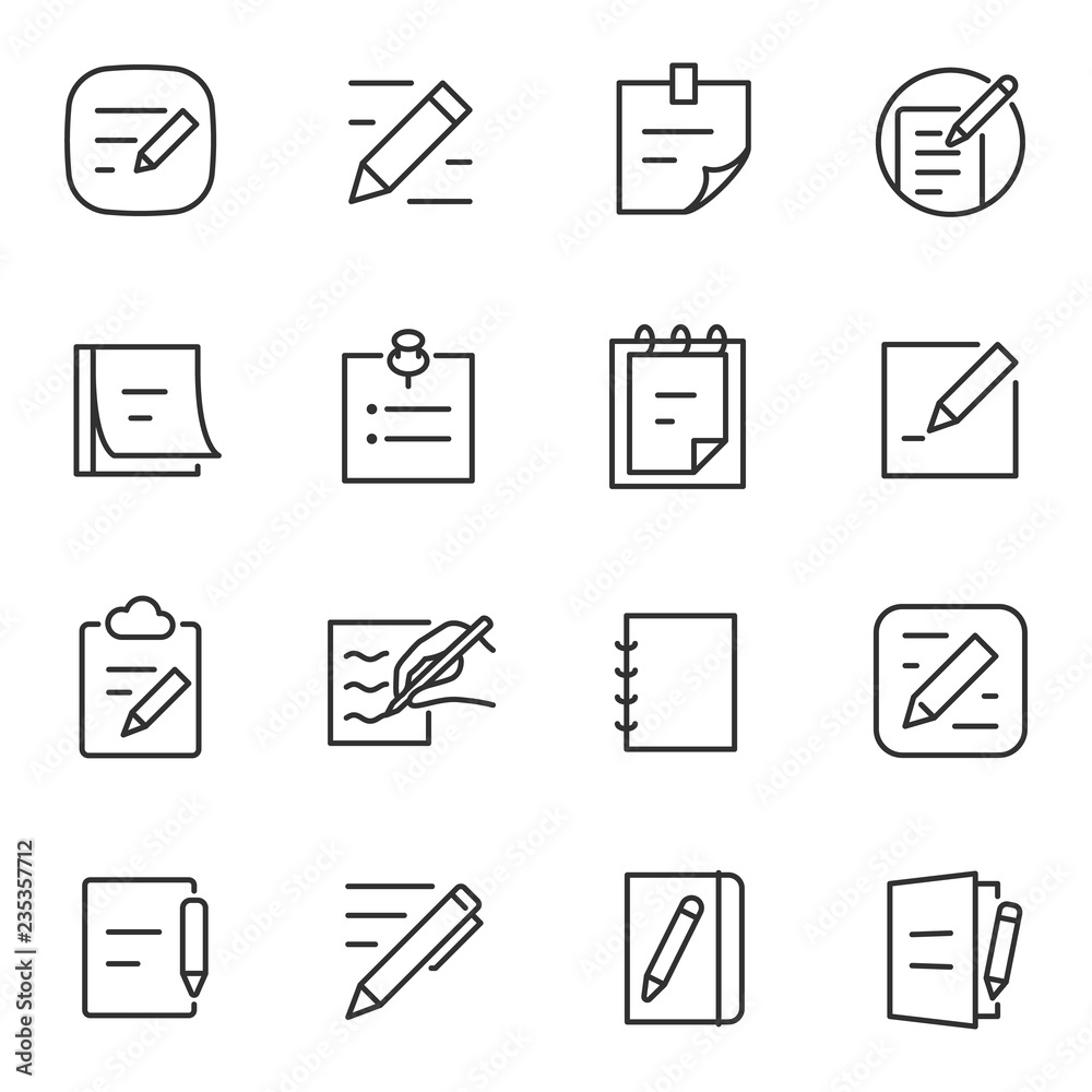 Notepad, icon set. Write a note, linear icons. Line with editable ...