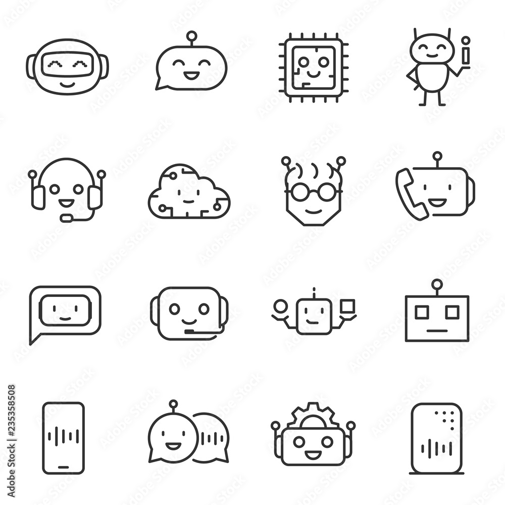 bot assistant, icon set. artificial intelligence, linear icons. Line ...