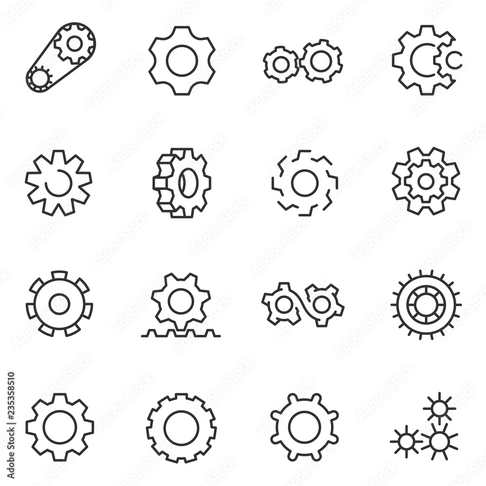 gear, icon set. gears, gearwheel mechanism, linear icons. Line with ...