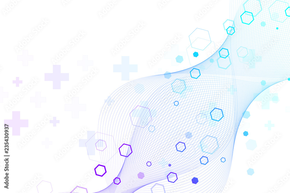 Abstract hexagonal background with waves. Hexagonal molecular structures. Futuristic technology ...
