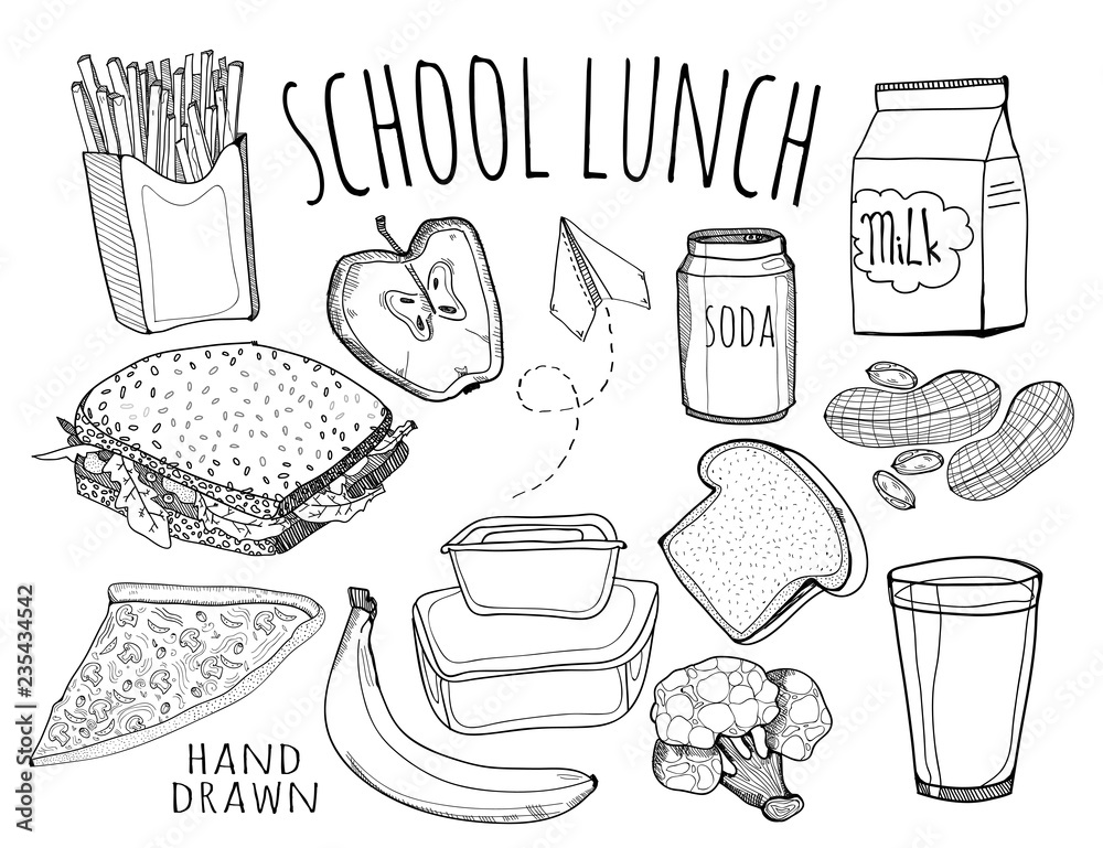 Hand drawn school lunch elements. Graphic vector set. All elements are ...