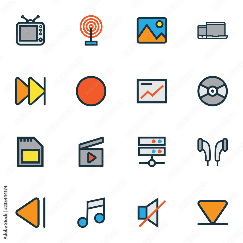 Media icons colored line set with clapperboard, media server, record ...