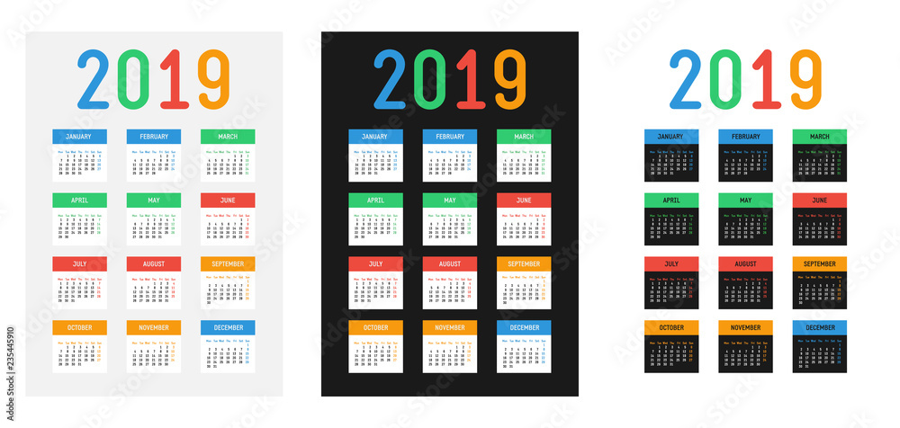 Vector 2019 new year calendar. Bright contrast design. The week starts ...