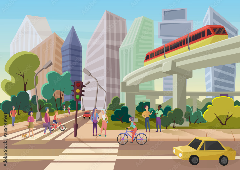 Modern urban cartoon city street with young people walking vector ...