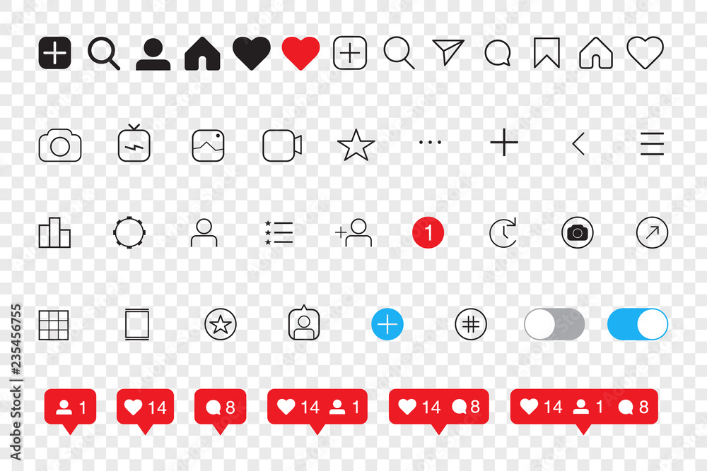 Set of social media icons inspired by Instagram: like, follower ...