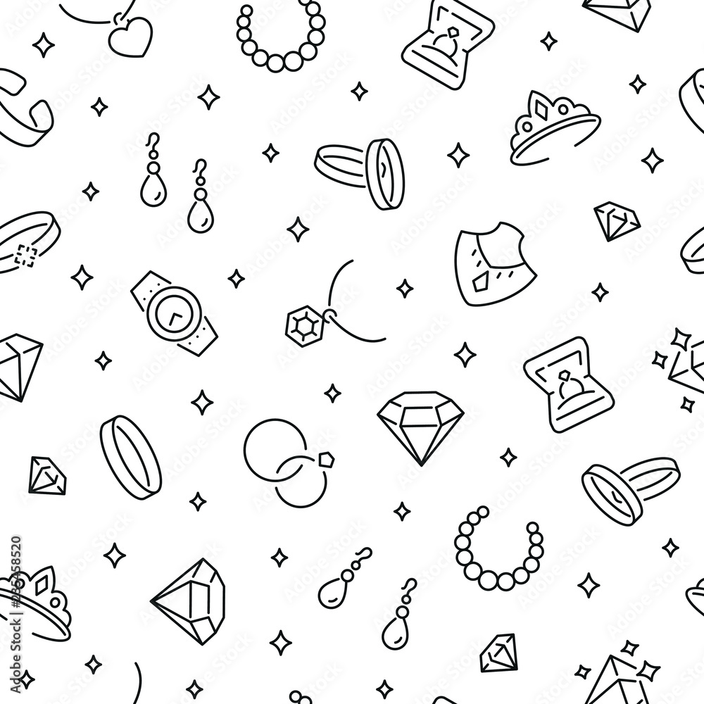 Seamless pattern with jewelry. Black and white thin line icons Stock ...