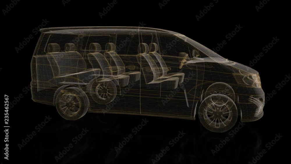 Minivan. Wireframe triangle formation of 3d Model minivan. Rotating 360 ...