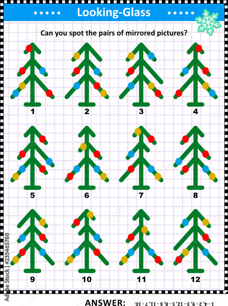 IQ training visual puzzle with mirrored images of abstract decorated ...