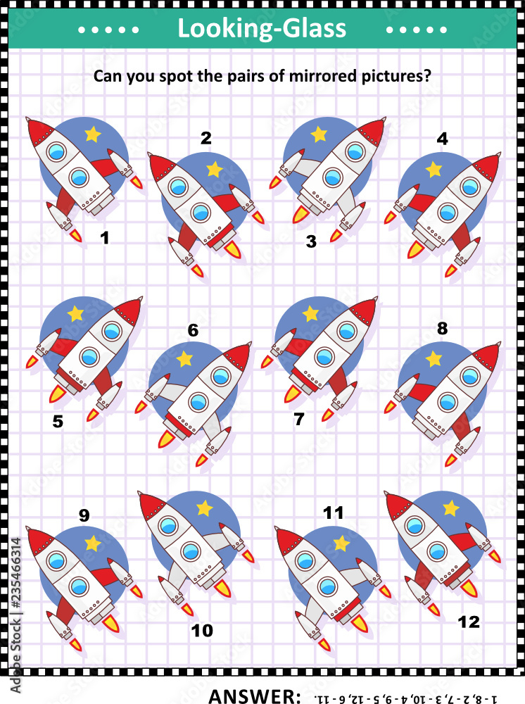 IQ training visual puzzle with mirrored pictures of rockets or ...