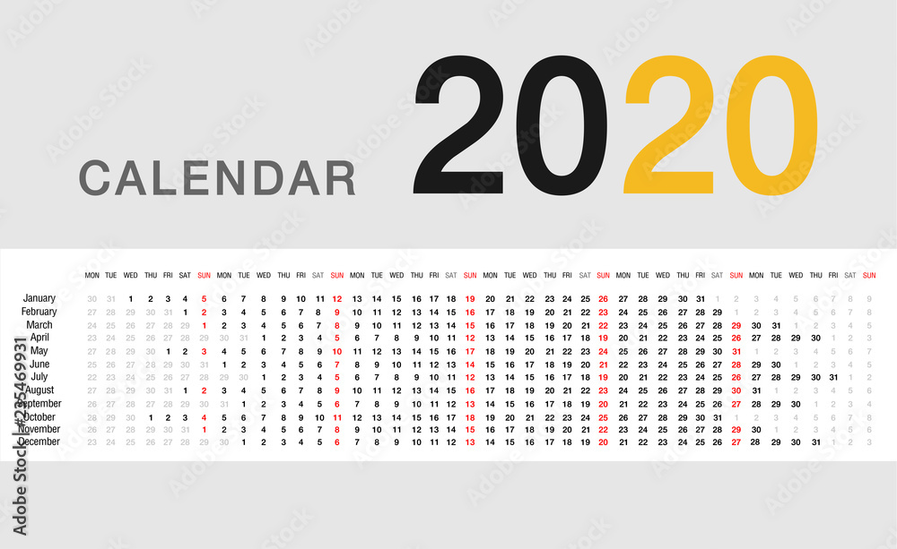 Colorful Calendar year 2020 vector design template, simple and clean ...