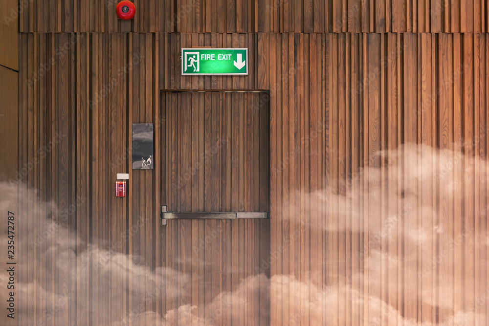 wooden fire exit emergency door with alarm for safety in fire situation ...