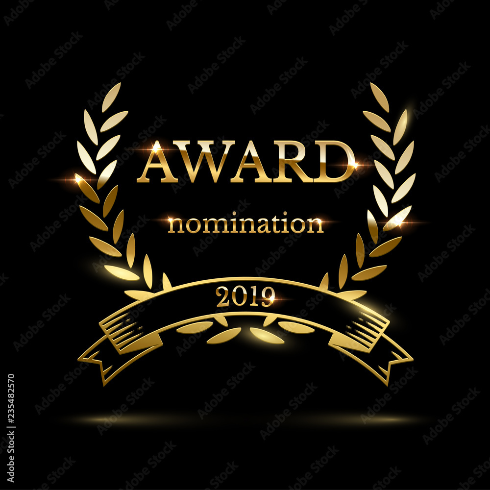 Gold award sign with laurel wreath and ribbon isolated on black ...