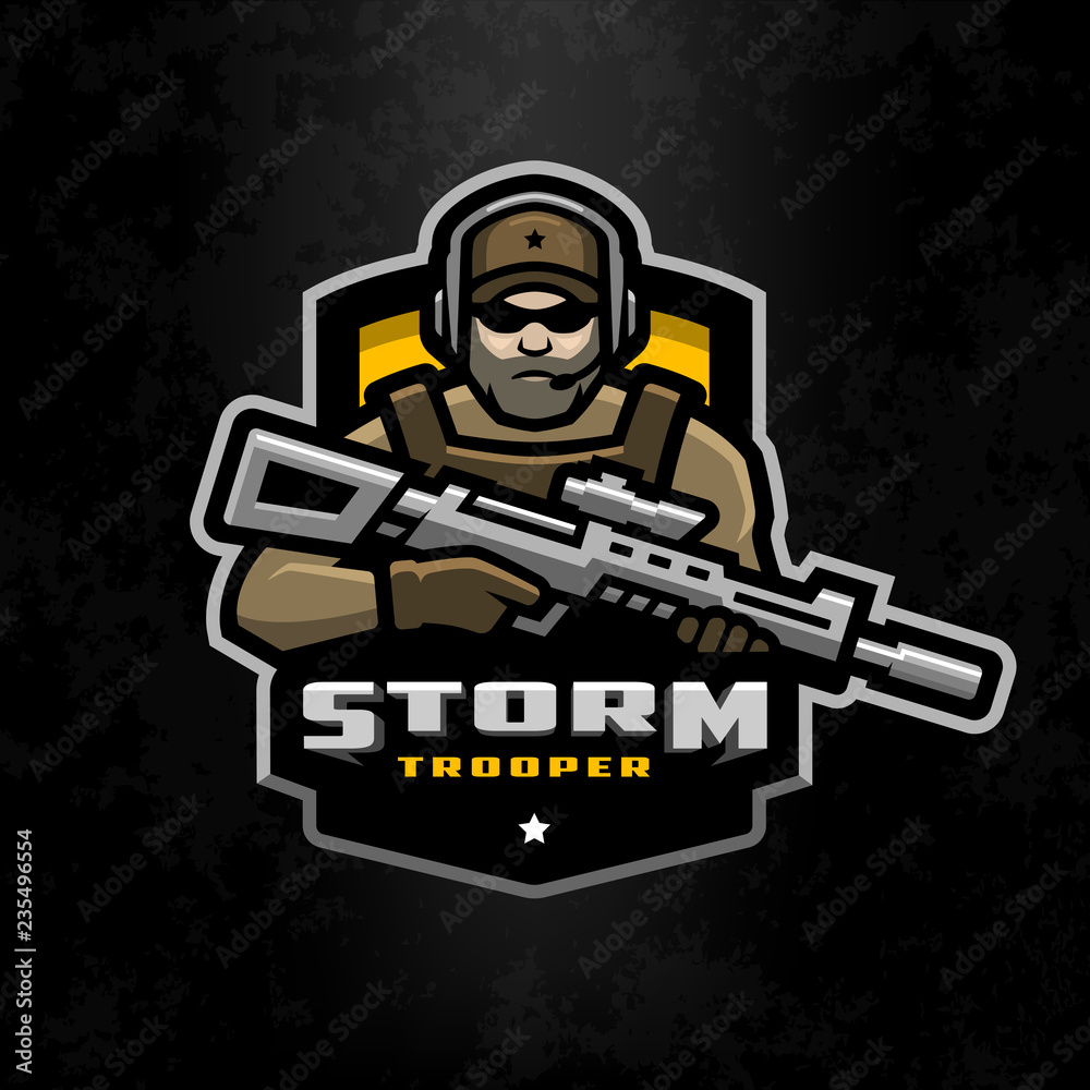 Storm trooper mascot, logo desing on a dark background. Stock Vector ...