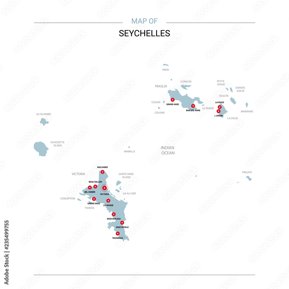 Seychelles vector map. Editable template with regions, cities, red pins ...