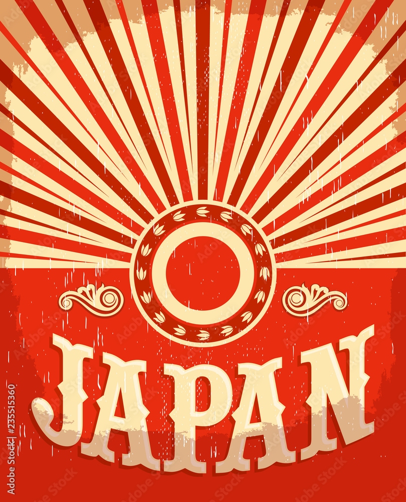 Japan vintage old poster with Japanese flag colors, vector design ...