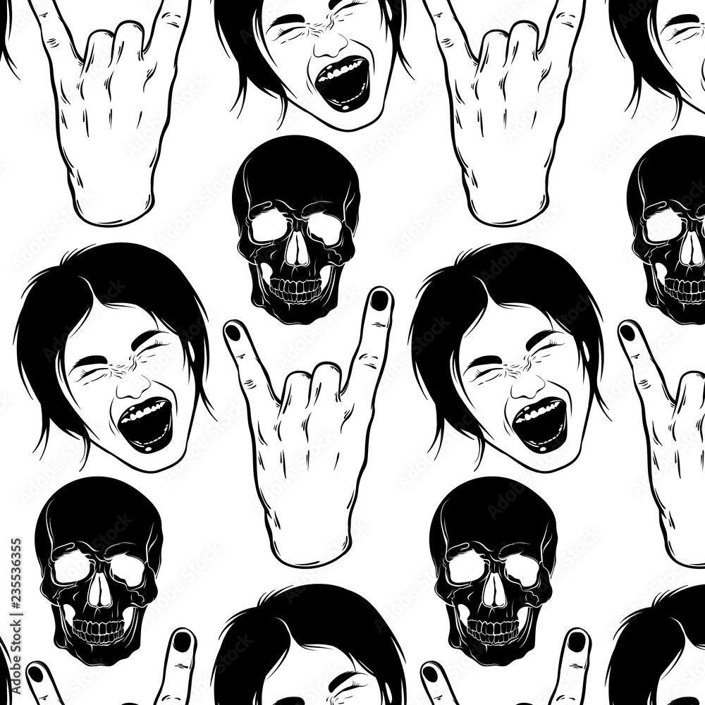 Vector pattern with hand drawn illustration of screaming girl, skull ...