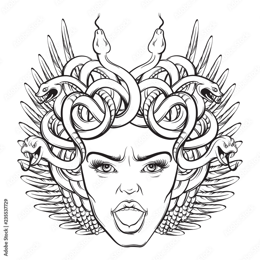 Vector illustration of gorgon with wings, snakes and open mouth in hand ...