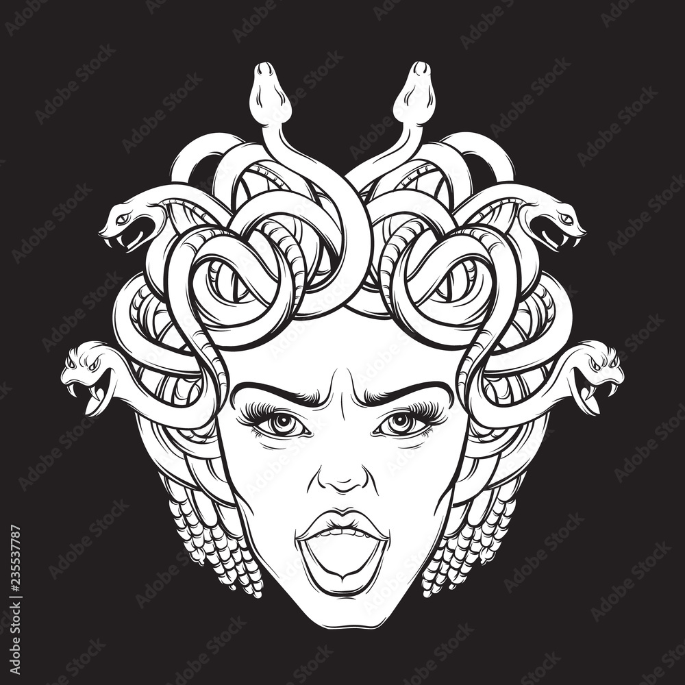 Vector illustration of angry gorgon with snakes and open mouth in hand ...