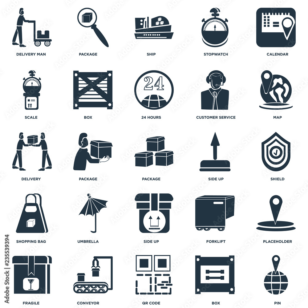 Elements Such As Pin, Box, Qr code, Conveyor, Fragile, Map, Side up ...