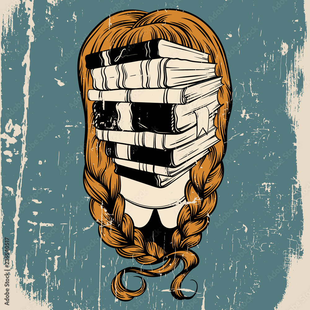 Vector illustration of girl with plaits and books instead face made in ...