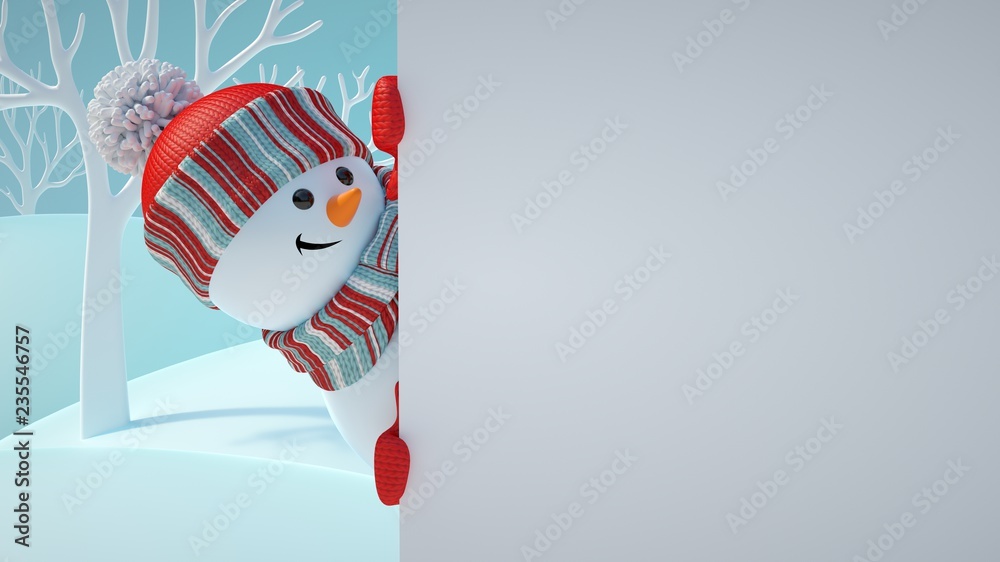 3d render, cute snowman, playing hide and seek, looking out the corner ...