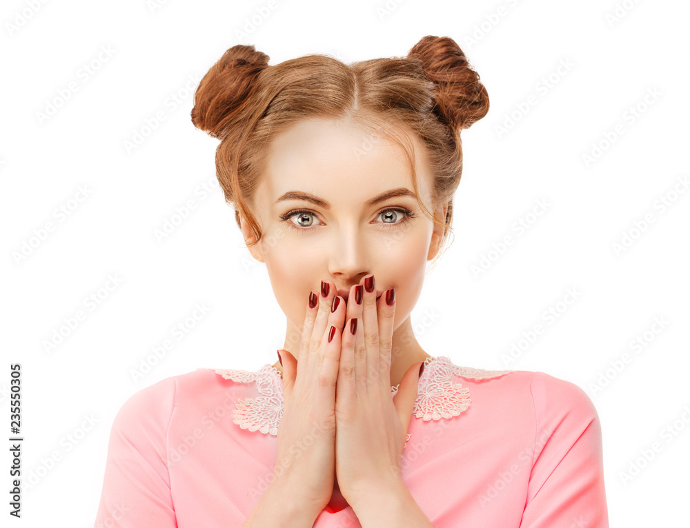 Excited woman surprise holds cheeks by hand. Looking camera. Expressive ...