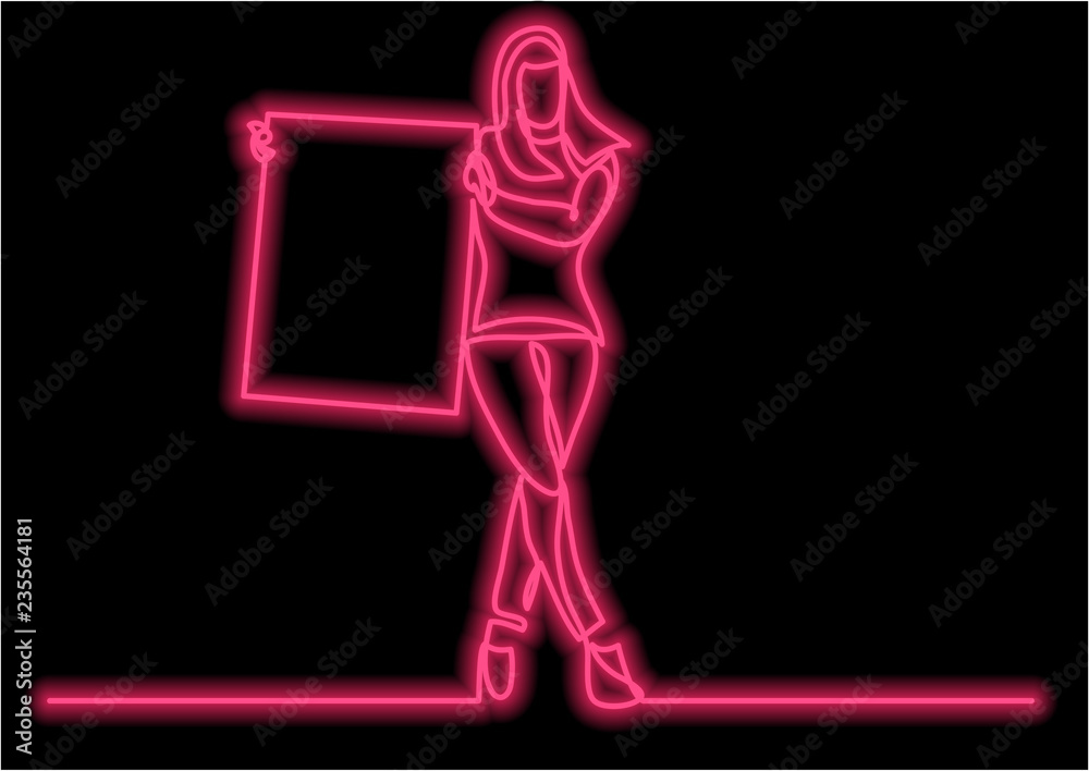 continuous line drawing of standing woman holding blank placard with ...